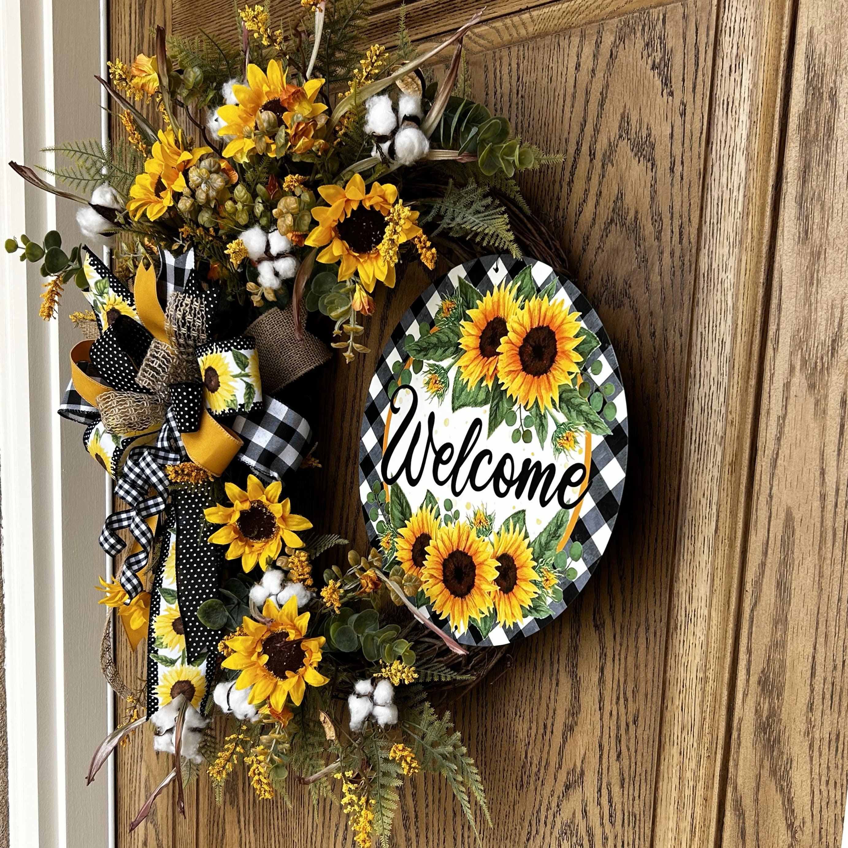 Modern Farmhouse Buffalo Sunflower Wreath, Buffalo Plaid Sunflower ...