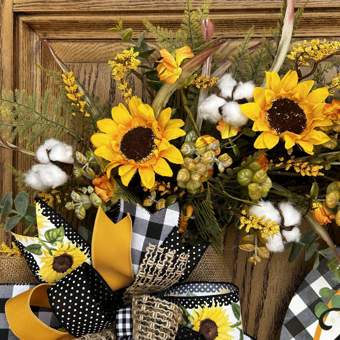 Modern Farmhouse Buffalo Sunflower Wreath, Buffalo Plaid Sunflower ...