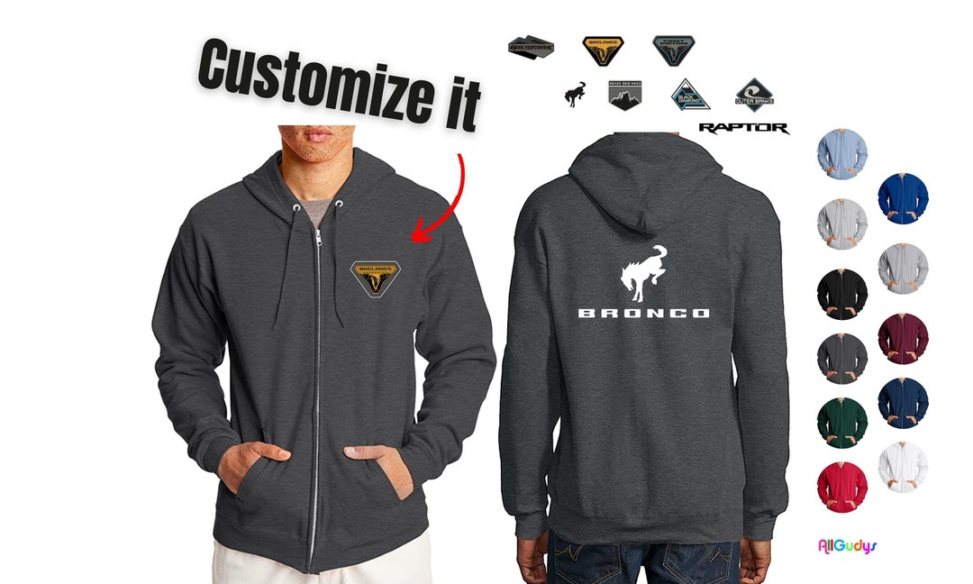 Ford Bronco Lover Fleece Fullzip Hooded Jacket Light Blue Model Logo on ...