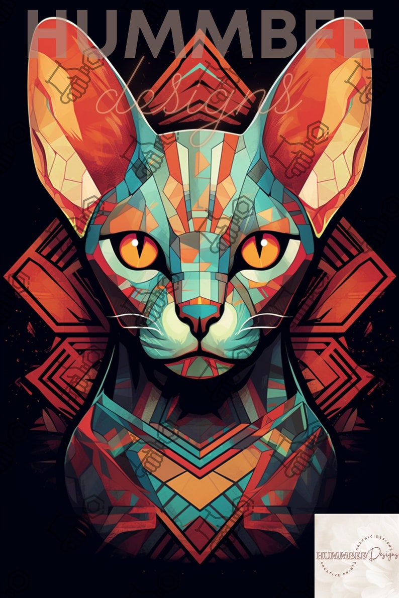 Sphynx Cat Art Print, Vibrant Retro Geometric Art Style, Digital ...