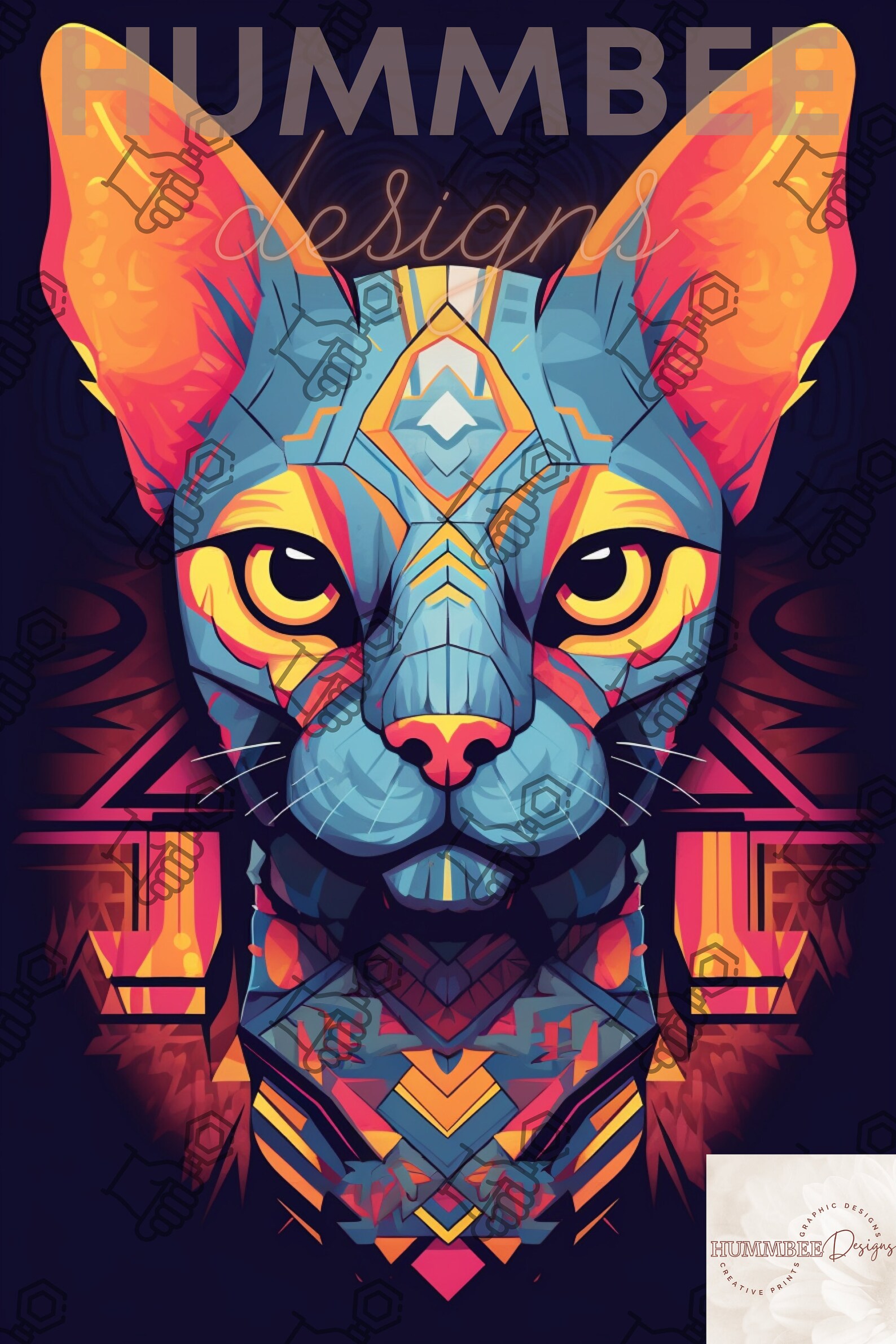 Sphynx Cat Art Print, Vibrant Retro Geometric Art Style, Digital ...
