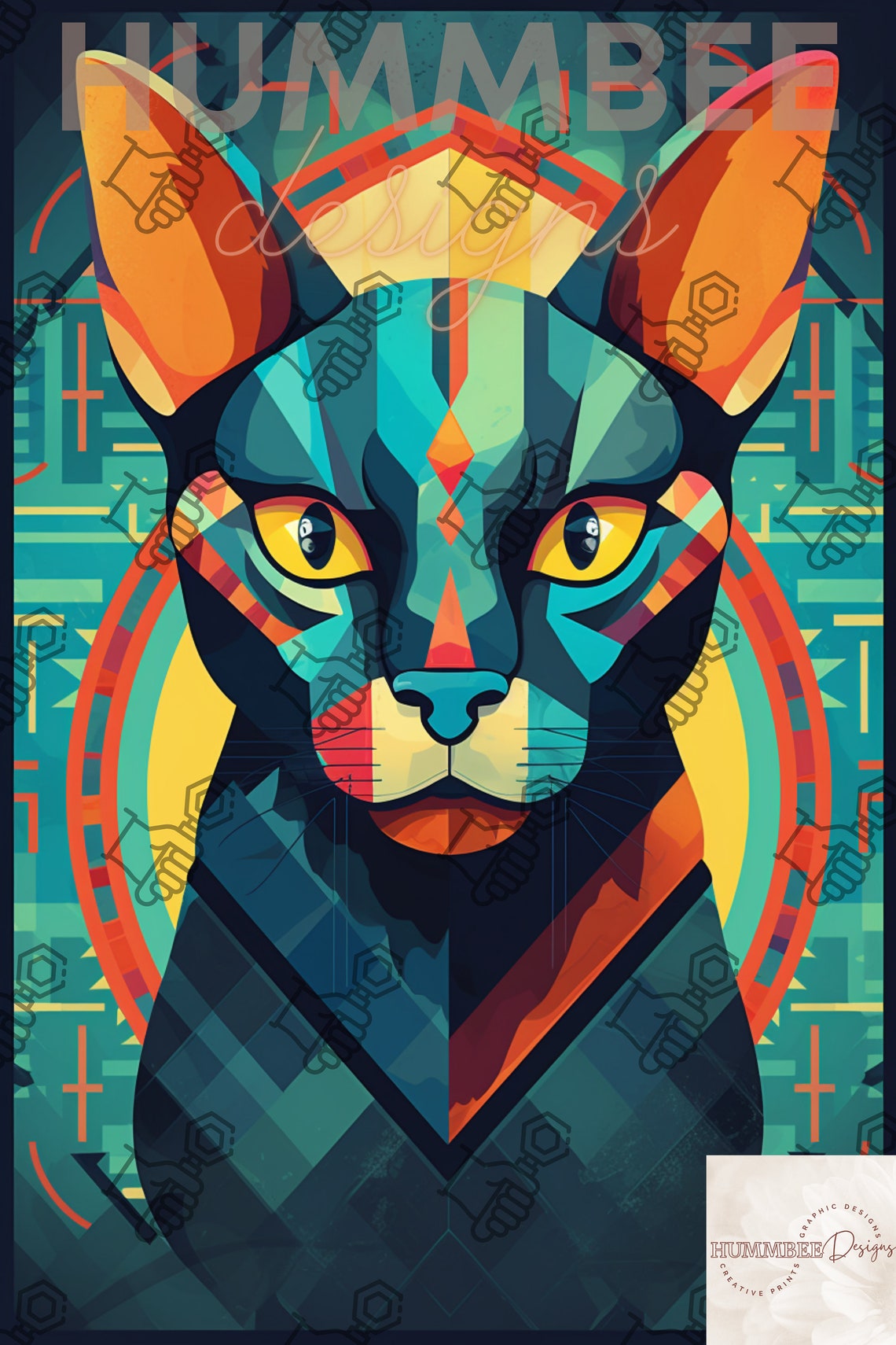 Sphynx Cat Art Print Vibrant Retro Geometric Art Style - Etsy