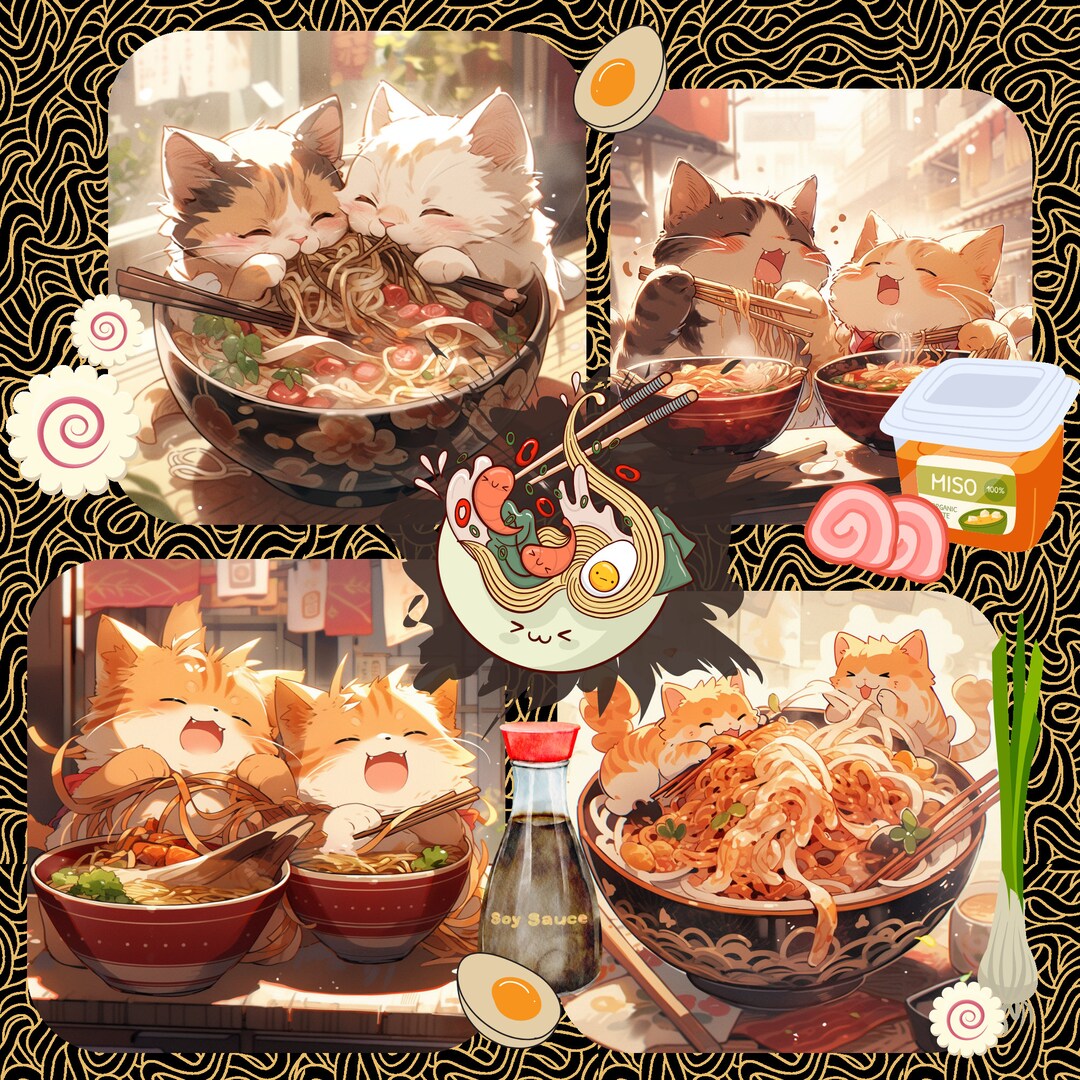 Digital Download Happy Cats Eating Ramen Noodle Lover Art Prints