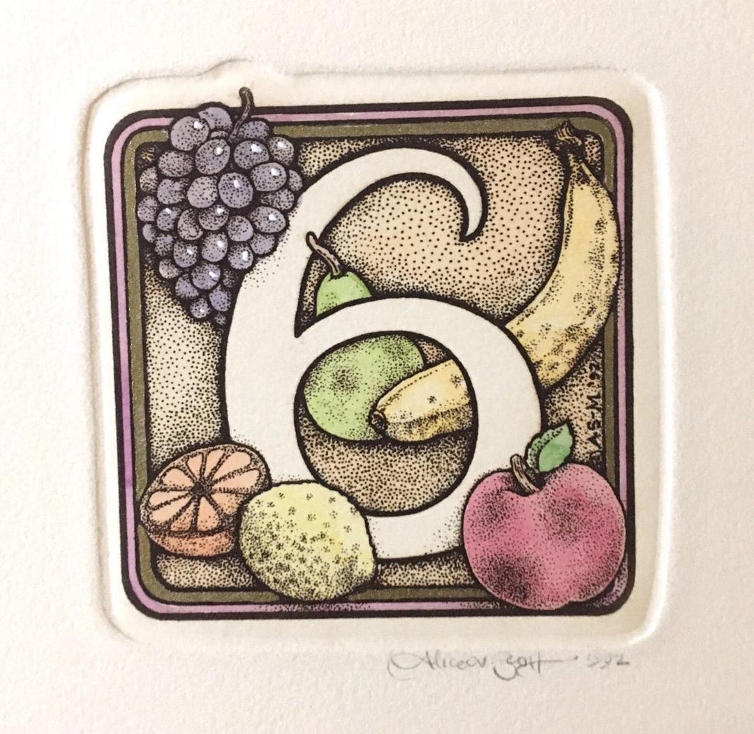 6, Signed Hand Watercolored Etching From Alice Scott Alphabet Series - Etsy