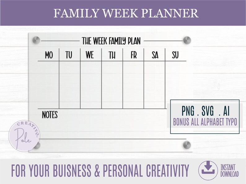 Weekly Family Planner - Printable SVG and PNG , Calendar Svg, Classroom ...