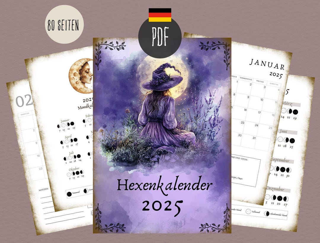 Witch Calendar 2025, Vintage, Moon Calendar With Moon Phases to Print ...
