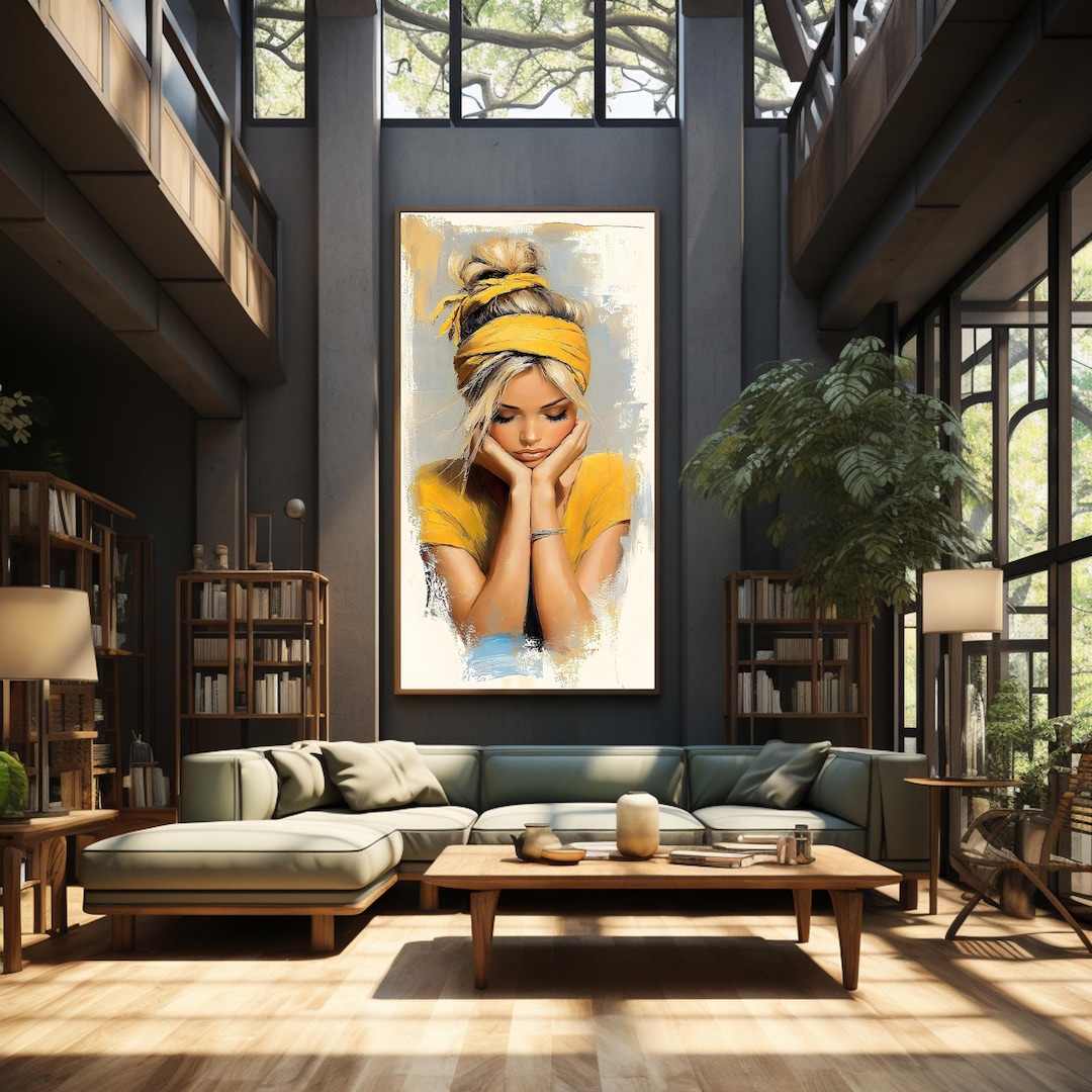 Dreamy Girl Portrait Art Print | Yellow Headscarf, Feminine Wall Decor ...