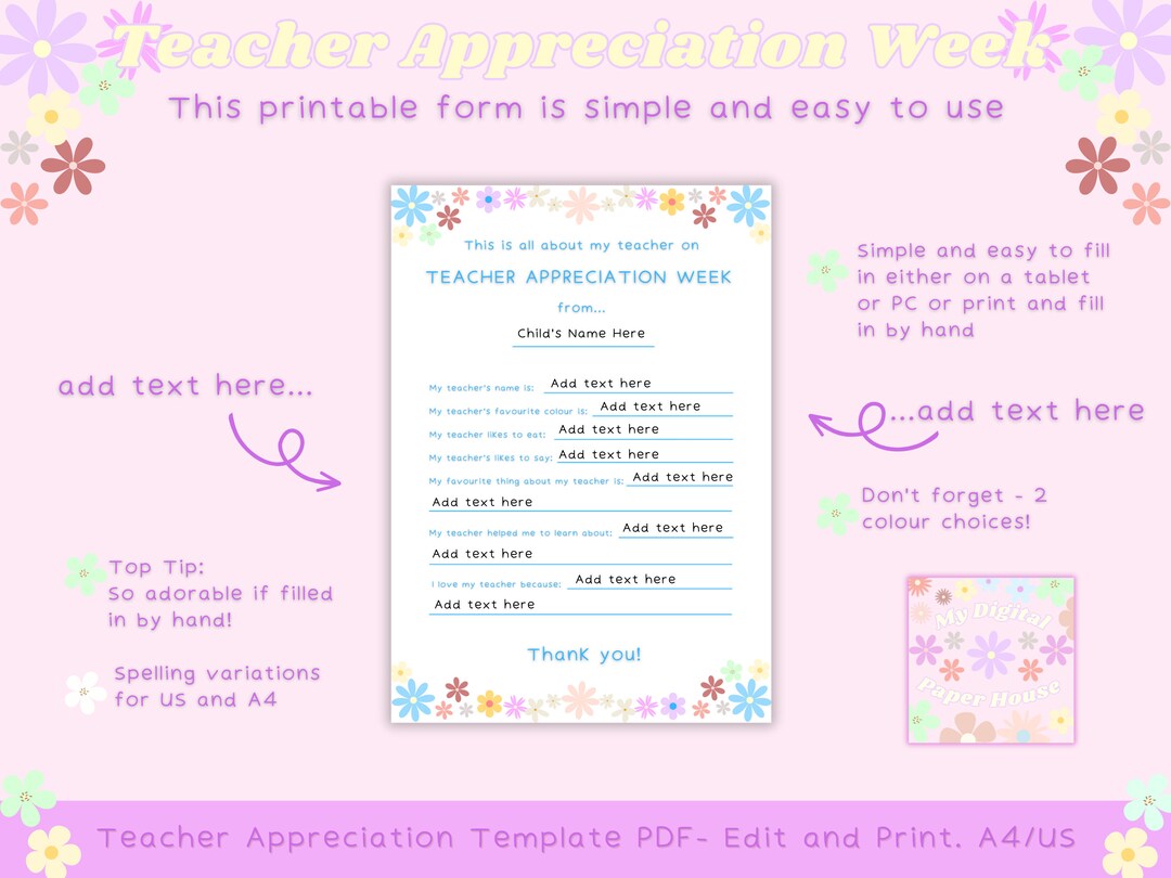 Teacher Appreciation Week All About My Teacher Questionnaire, Printable ...