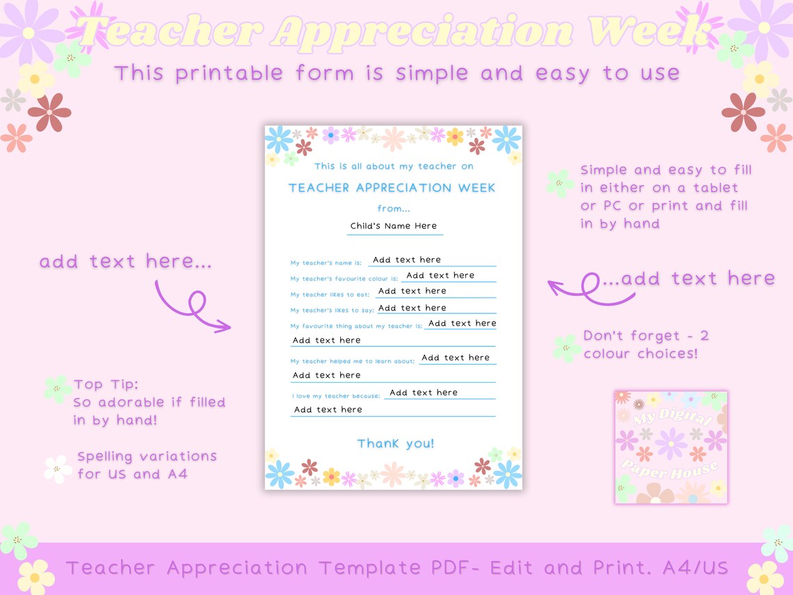 Teacher Appreciation Week All About My Teacher Questionnaire, Printable ...