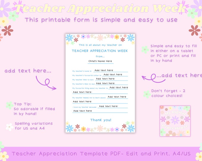 All About My Teacher Questionnaire Printable | Teacher Appreciation ...