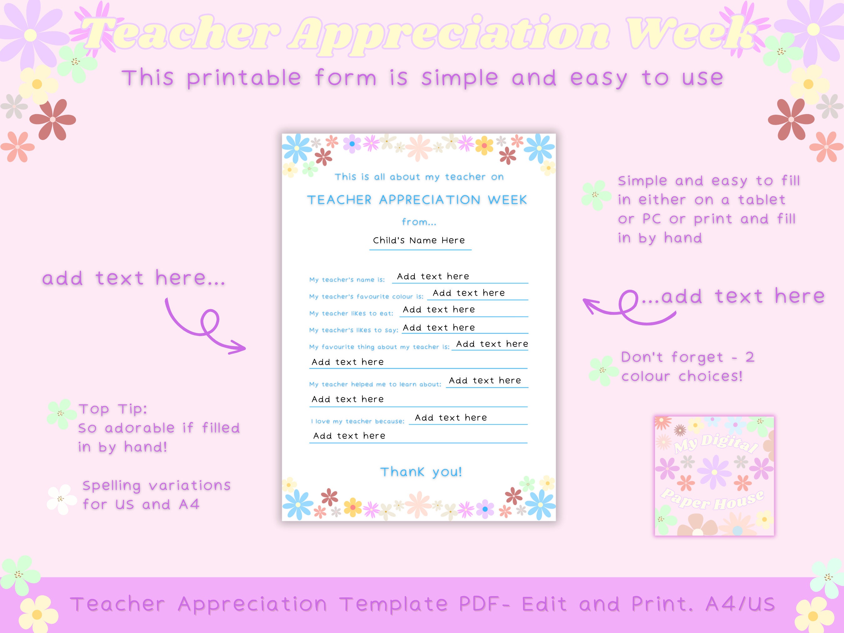 Teacher Appreciation Week All About My Teacher Questionnaire, Printable ...