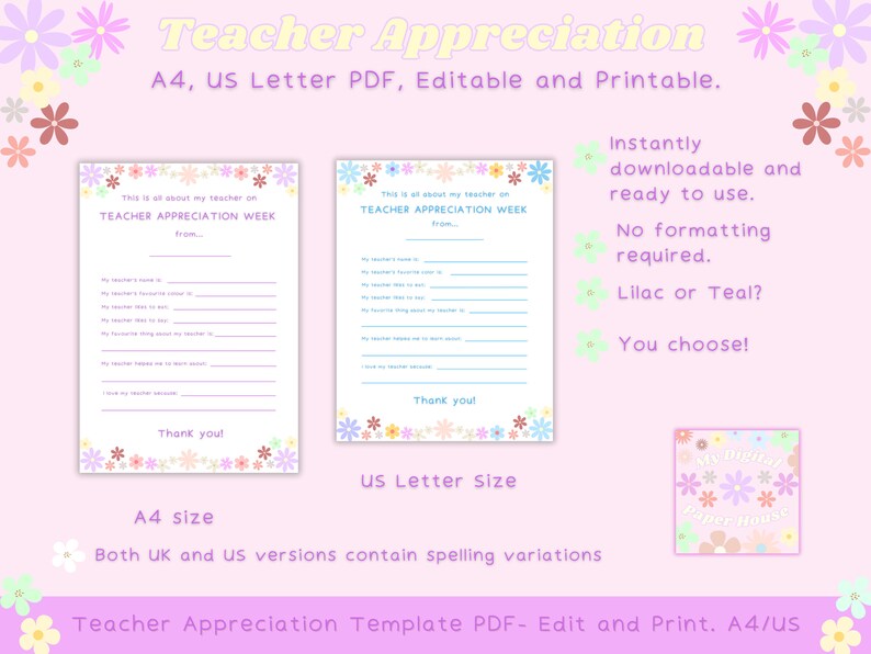 Teacher Appreciation Week All About My Teacher Questionnaire, Printable ...
