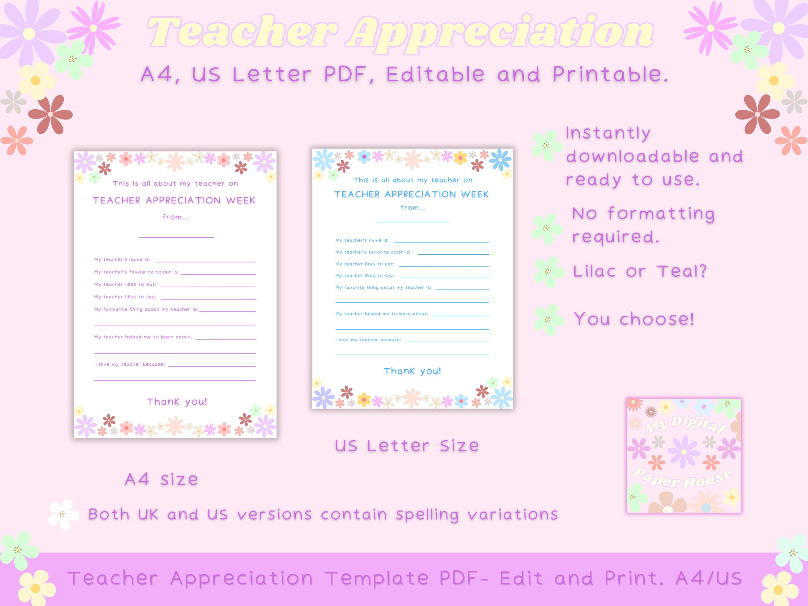 Teacher Appreciation Week All About My Teacher Questionnaire, Printable ...