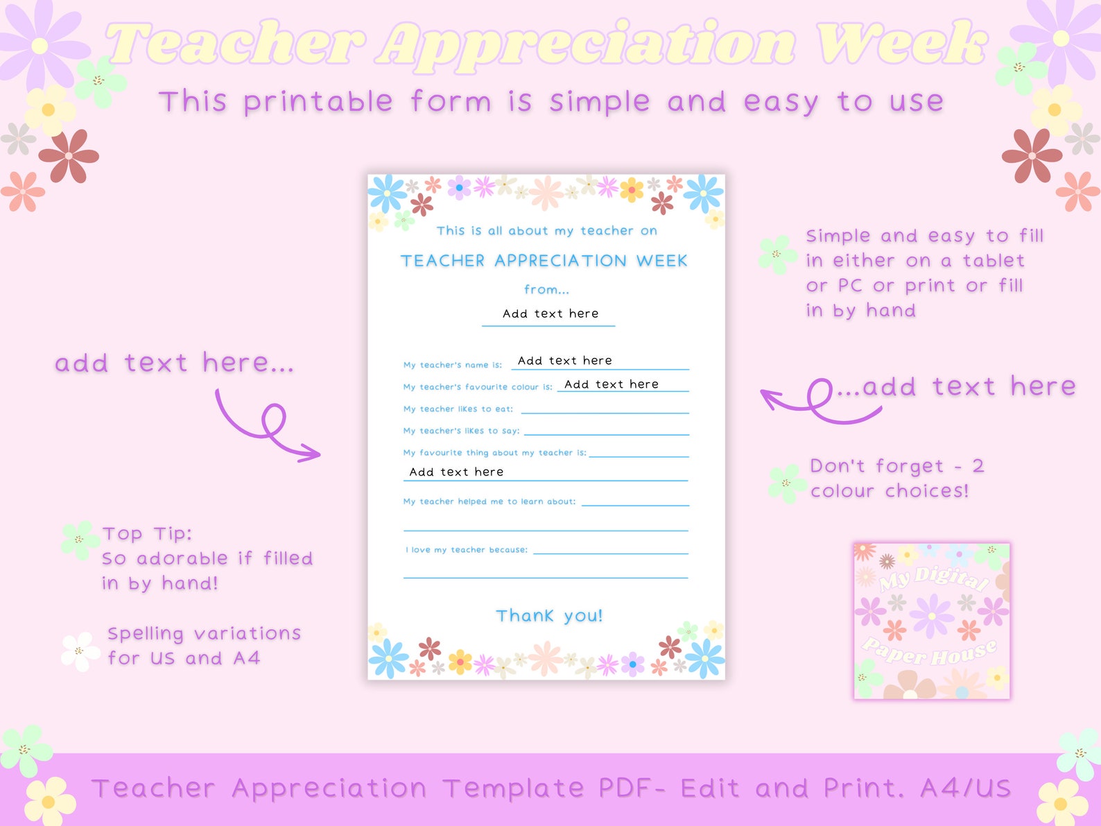 Teacher Appreciation Week All About My Teacher Questionnaire, Printable ...