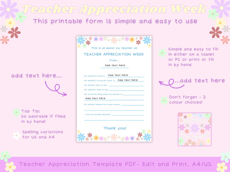 Teacher Appreciation Week All About My Teacher Questionnaire, Printable ...