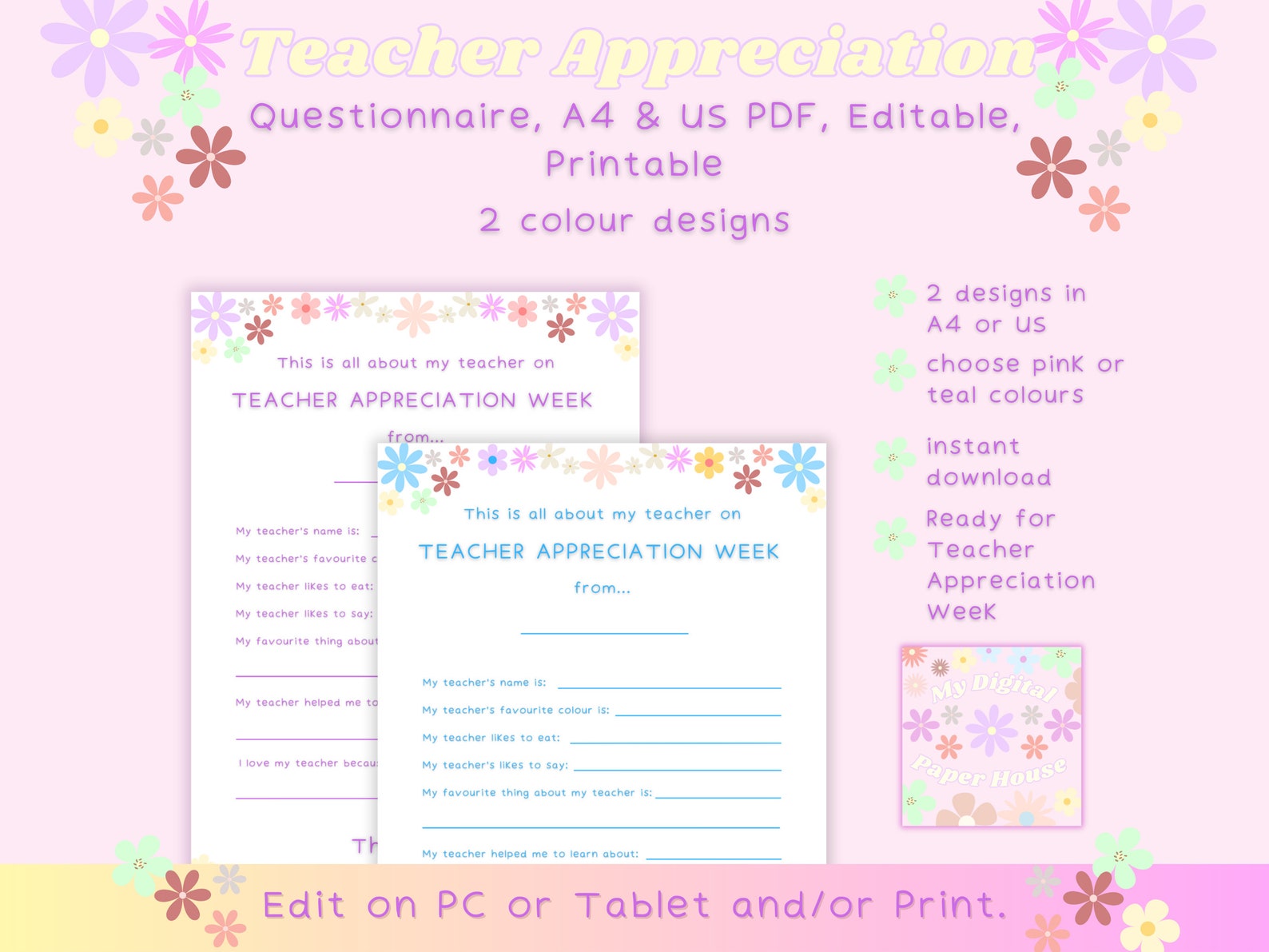 Teacher Appreciation Week All About My Teacher Questionnaire, Printable ...