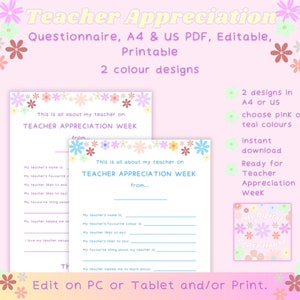 Teacher Appreciation Week All About My Teacher Questionnaire, Printable ...