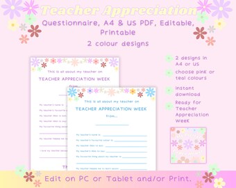 Teacher Appreciation Week All About My Teacher Questionnaire Printable ...