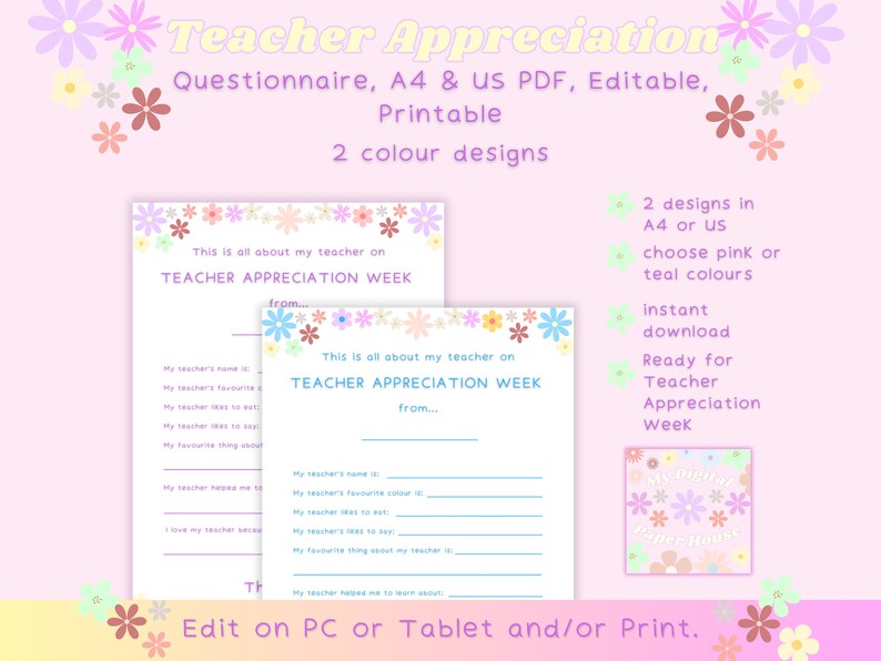Teacher Appreciation Week All About My Teacher Questionnaire, Printable ...