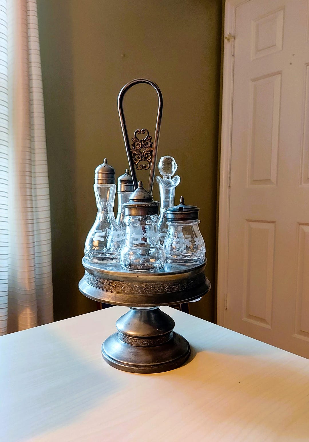 Antique Pewter and Glass Condiment Caddy - Etsy