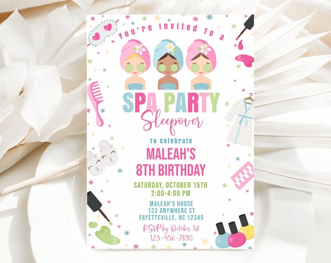 EDITABLE Spa Day Birthday Invitation, Sleepover Invite, 1st 2nd 3rd 4th ...