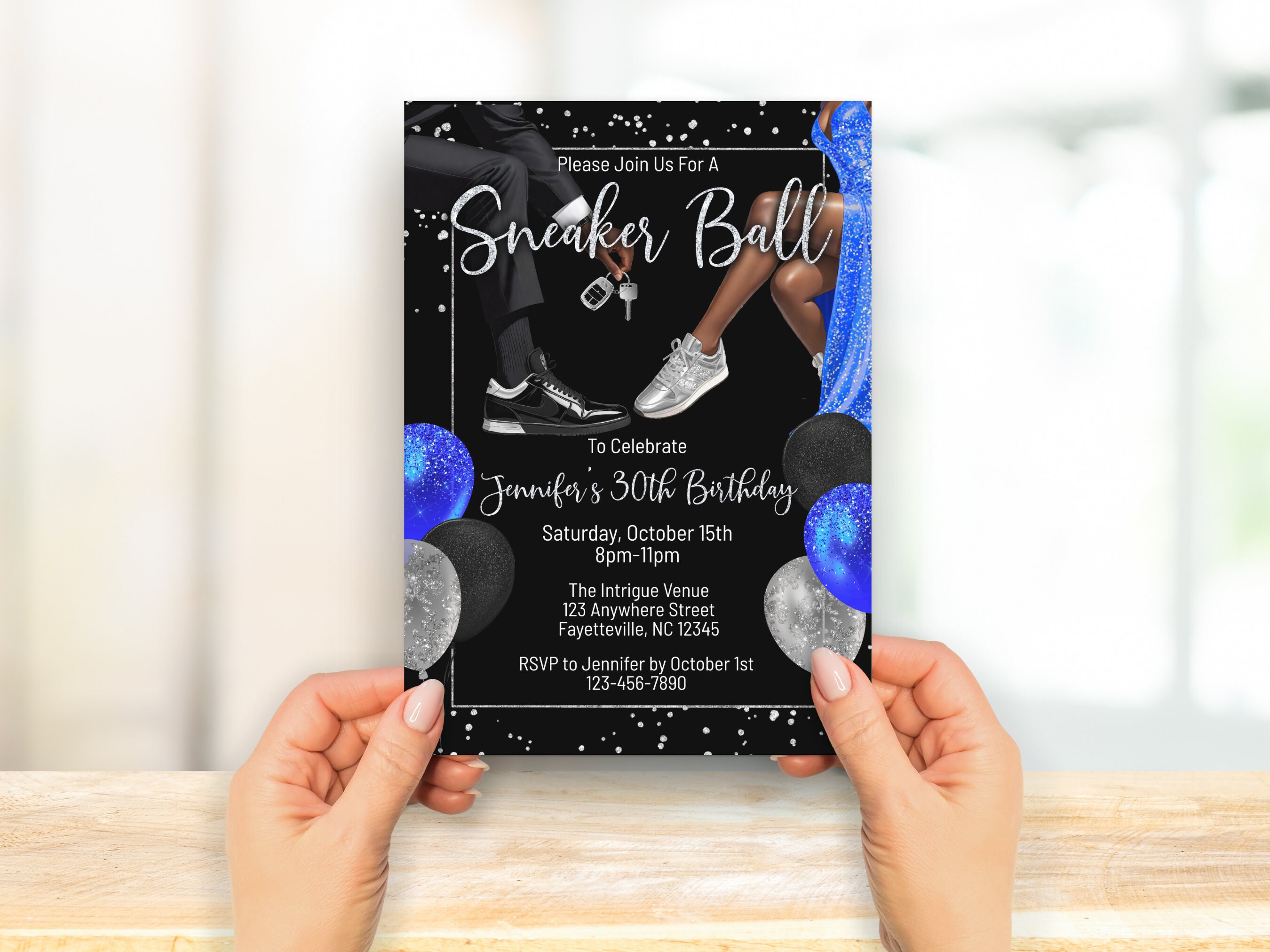 EDITABLE Black Royal Blue and Silver Sneaker Ball Party Invitation ...