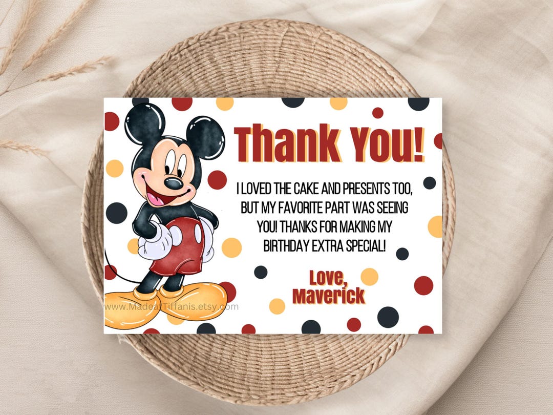 EDITABLE Mickey Mouse Thank You Card, Mickey Birthday, 1st 2nd 3rd 4th ...