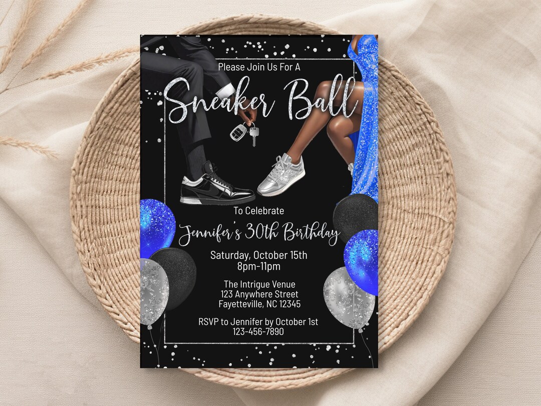 EDITABLE Black Royal Blue and Silver Sneaker Ball Party Invitation ...
