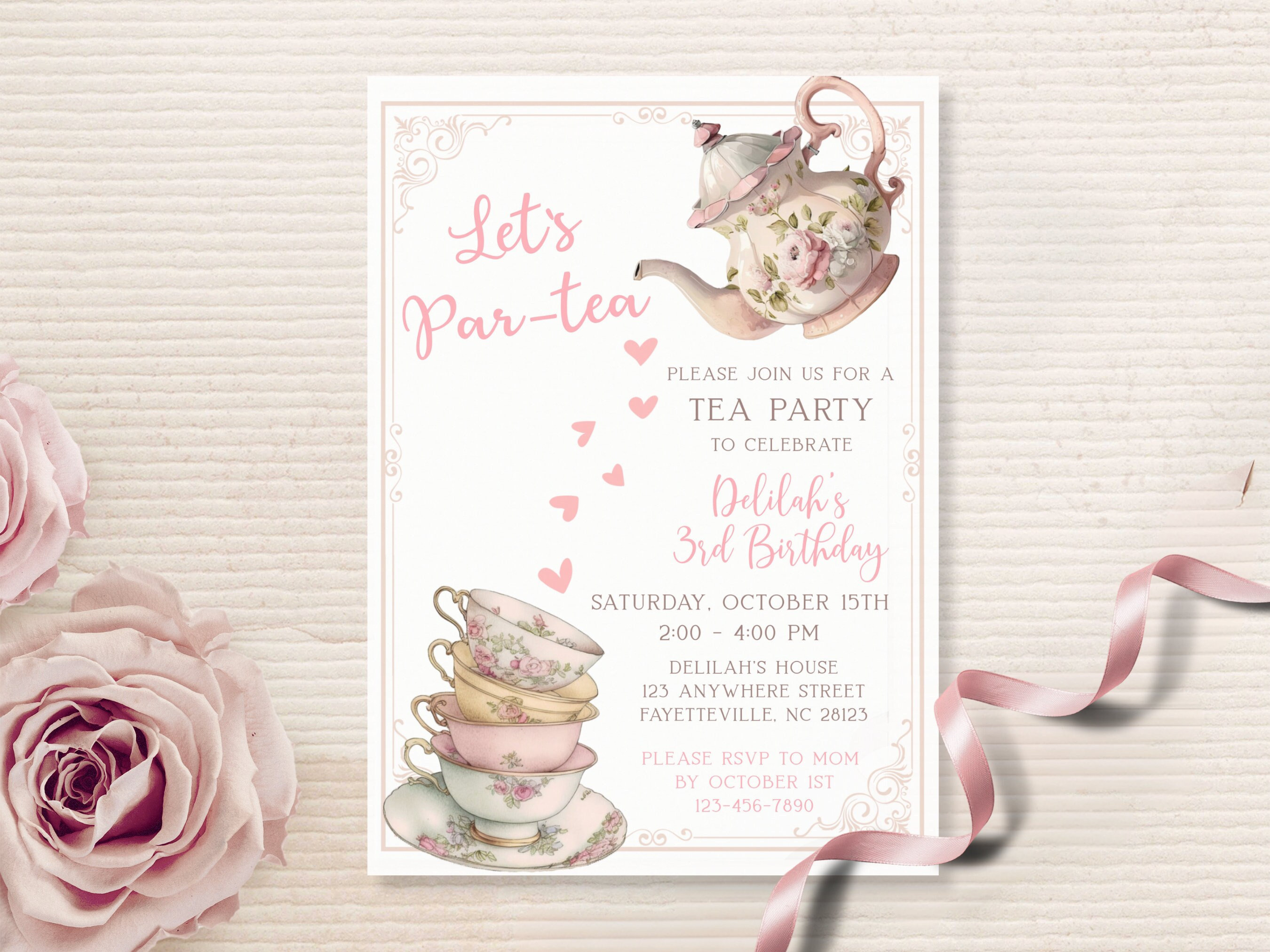 Pink Ribbon Tea Party Invitation Template Free Tea Party Invitation