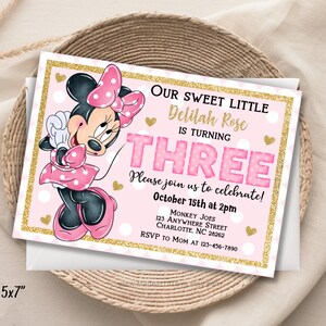 EDITABLE Pink and Gold Minnie Mouse Birthday Invitation, 3rd Bday ...