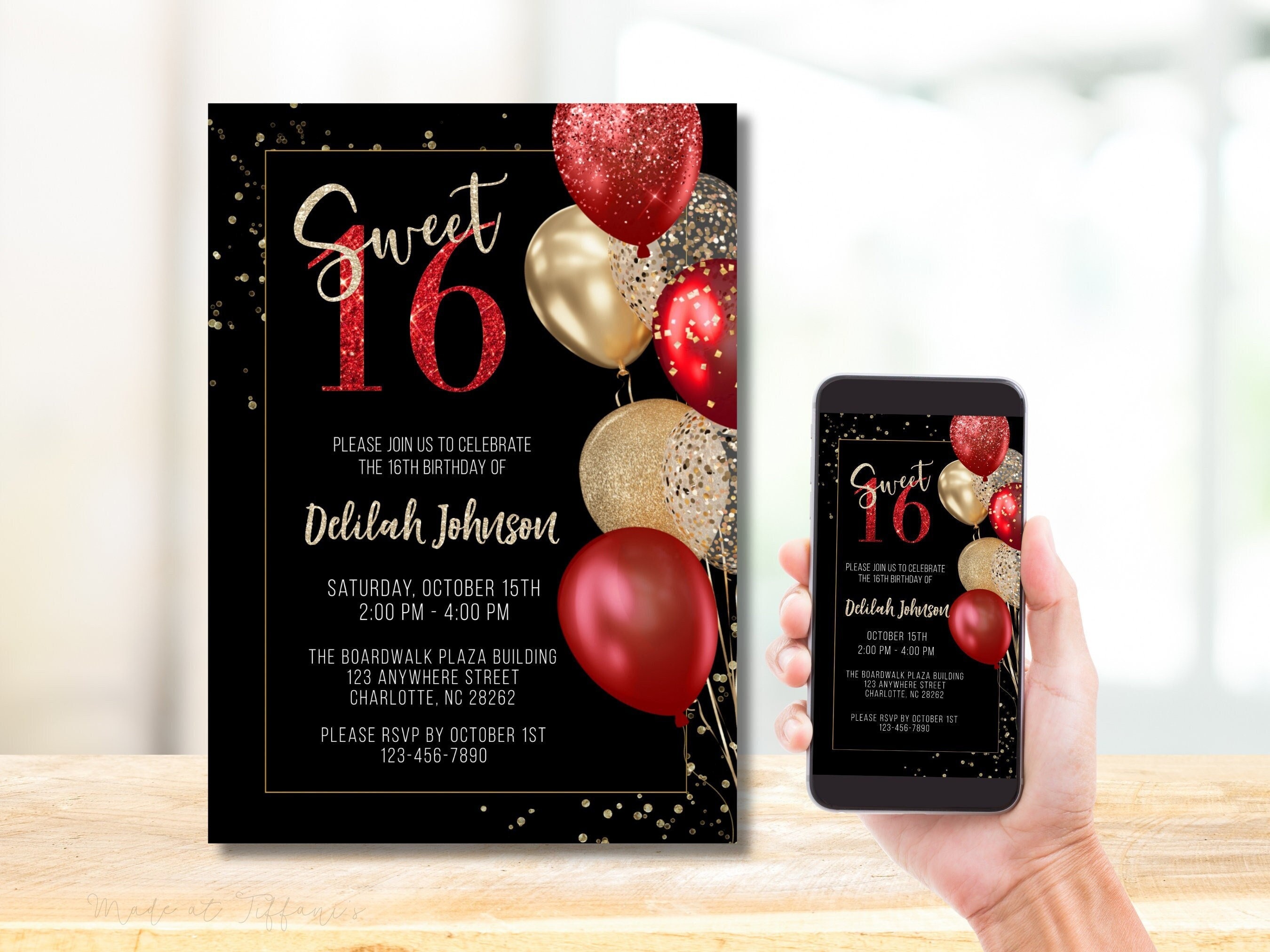 Sweet 16 Birthday Invitation, Black Red and Gold Birthday Invitation ...