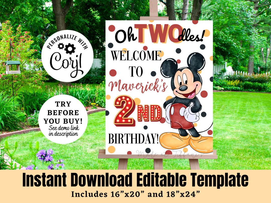 EDITABLE Oh Twodles Mickey Mouse Birthday Welcome Sign for - Etsy