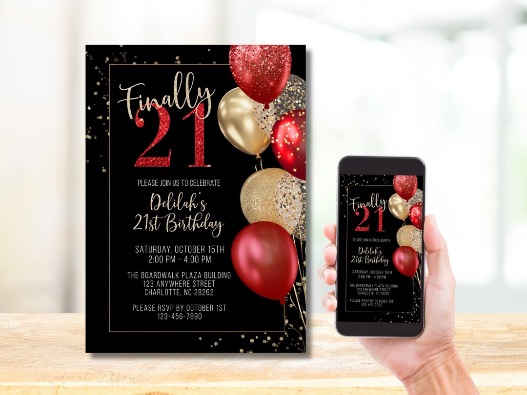 Finally 21, 21st Birthday, Black Red and Gold Birthday Invitation, Valentine’s Day, Glitter ...