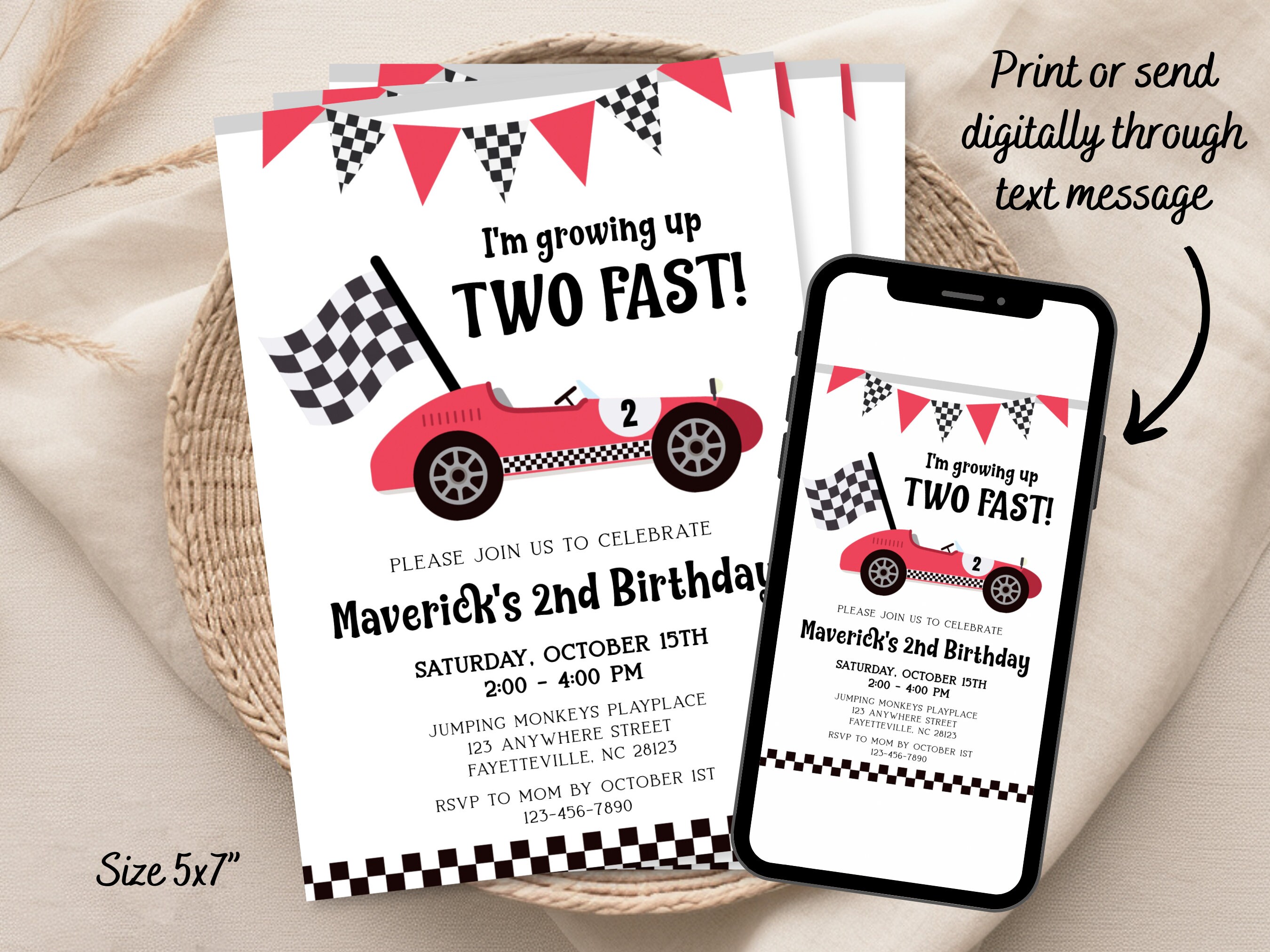 Editable Race Car Birthday Invitation for 2 Year Old, Growing up Two ...