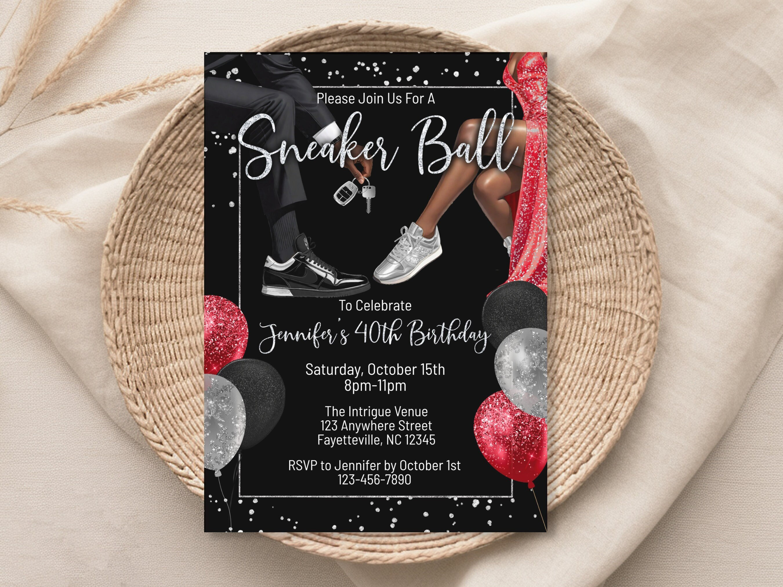EDITABLE Black Red Silver Sneaker Ball Party Invitation, Birthday Party ...