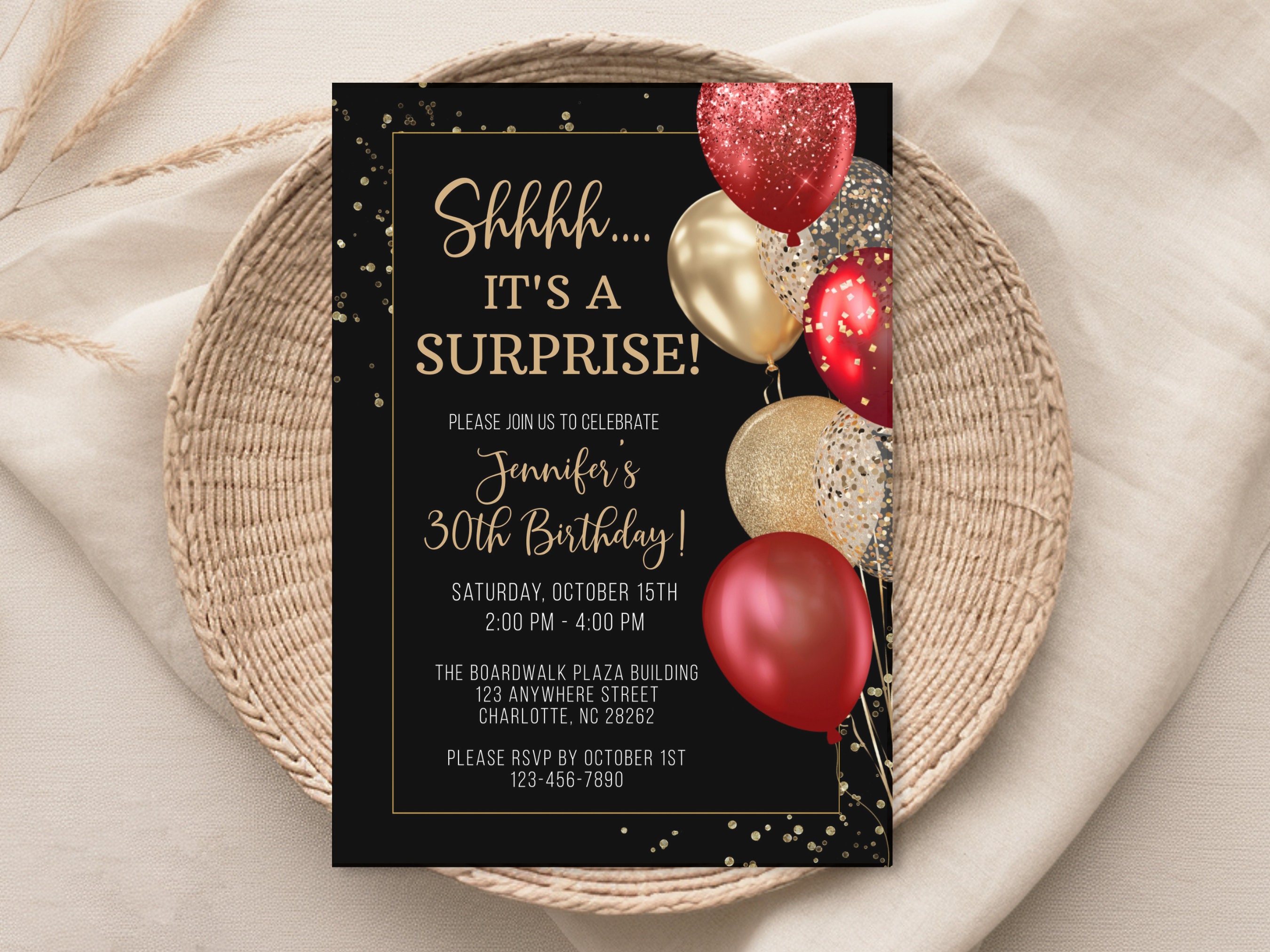 Black Red and Gold Birthday Invitation, Surprise Party Invite, Black ...