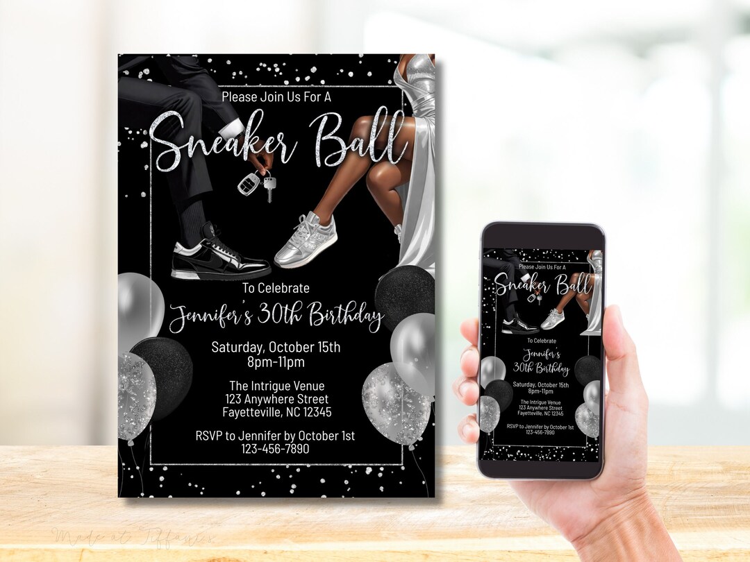 EDITABLE Black Silver Sneaker Ball Party Invitation, Birthday Party ...