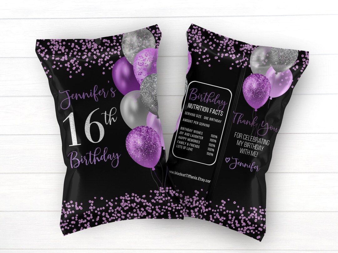 EDITABLE Black Purple and Silver Chip Bag Template, Birthday Chip ...