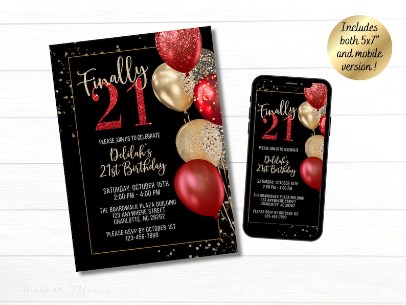 Finally 21, 21st Birthday, Black Red and Gold Birthday Invitation ...