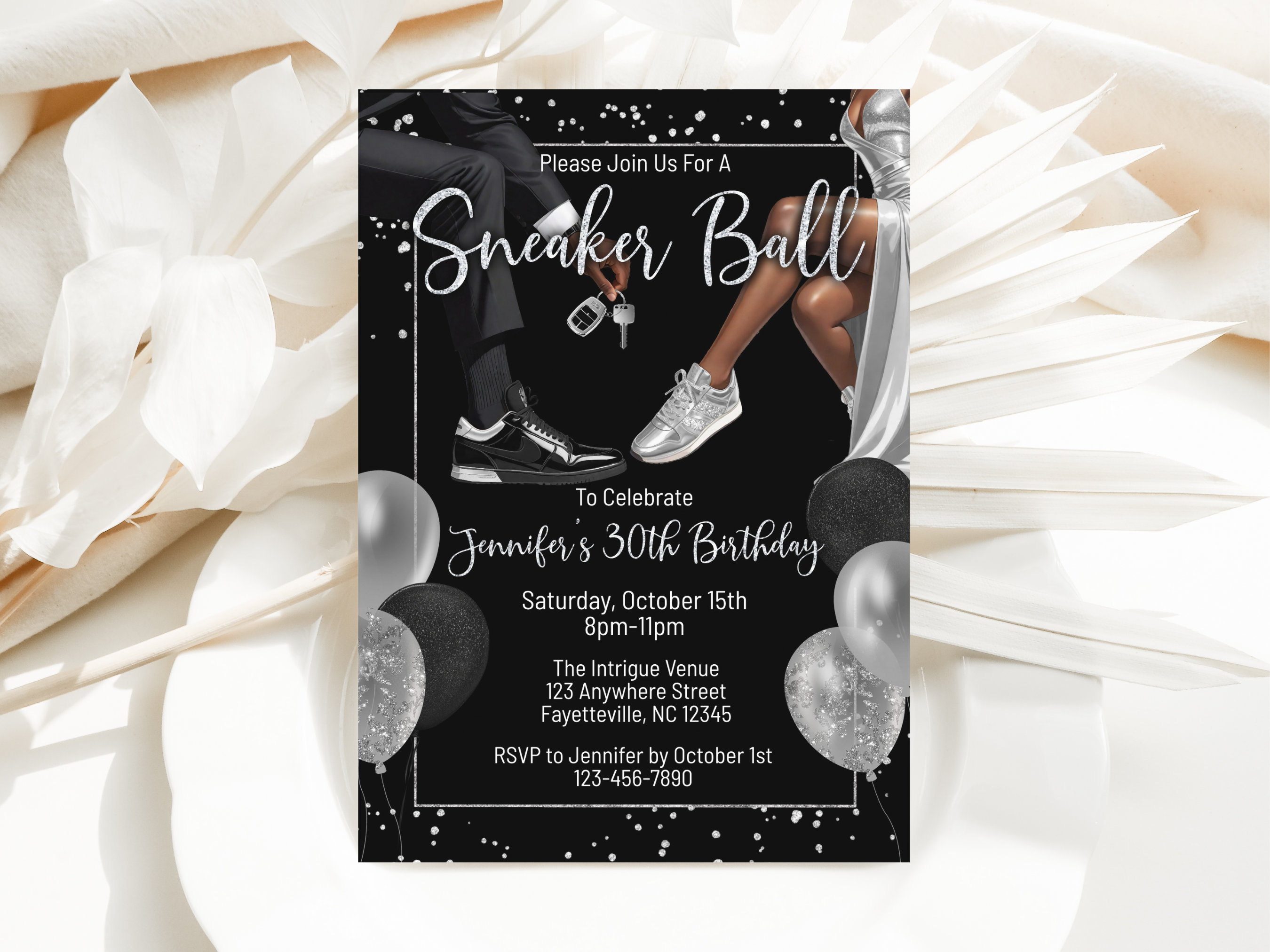 EDITABLE Black Silver Sneaker Ball Party Invitation, Birthday Party ...