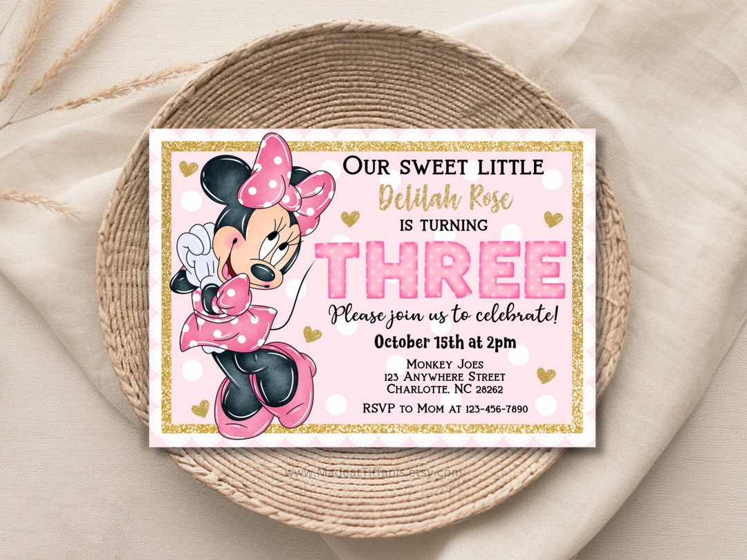 EDITABLE Pink and Gold Minnie Mouse Birthday Invitation, 3rd Bday ...