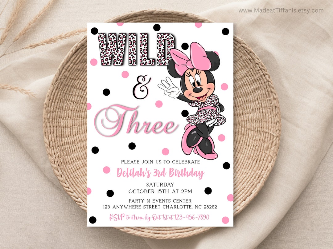 EDITABLE Minnie Mouse 3rd Birthday Invitation, Wild and Three, 3rd Bday ...