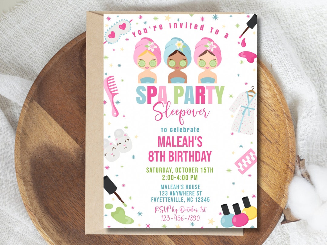 EDITABLE Spa Day Birthday Invitation, Sleepover Invite, 1st 2nd 3rd 4th ...