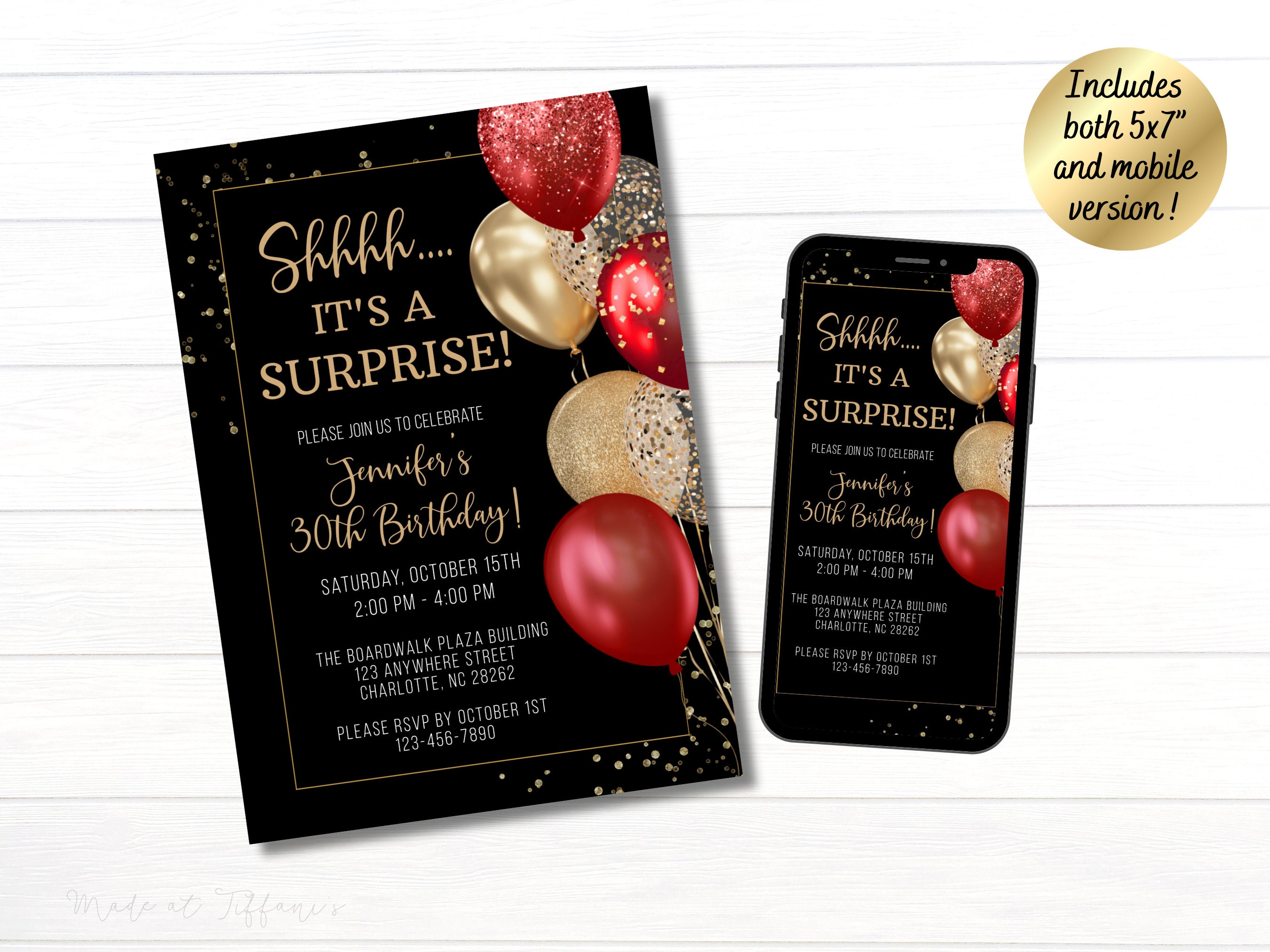 Black Red and Gold Birthday Invitation, Surprise Party Invite, Black ...