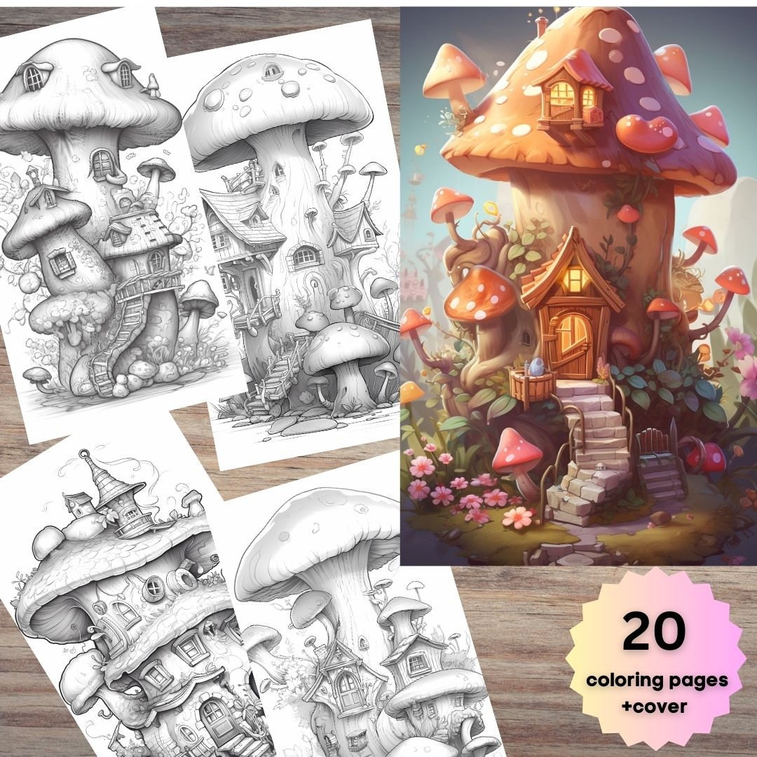 20 Mushroom Houses Coloring Pages, Adults & Kids- Instant Download ...