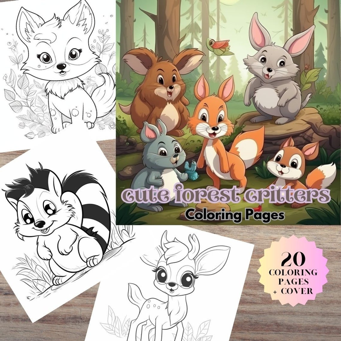 20 Forest Critters, Cute Animal Coloring Page Book, Adults + Kids ...