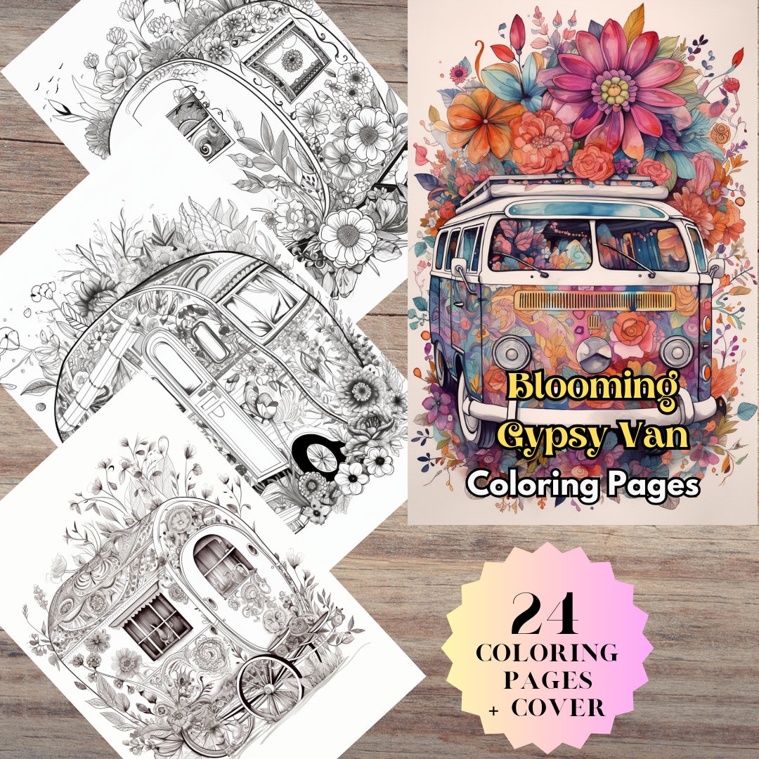 24 Gypsy Van Coloring Pages - Adult and Kids Coloring Book, Digital ...