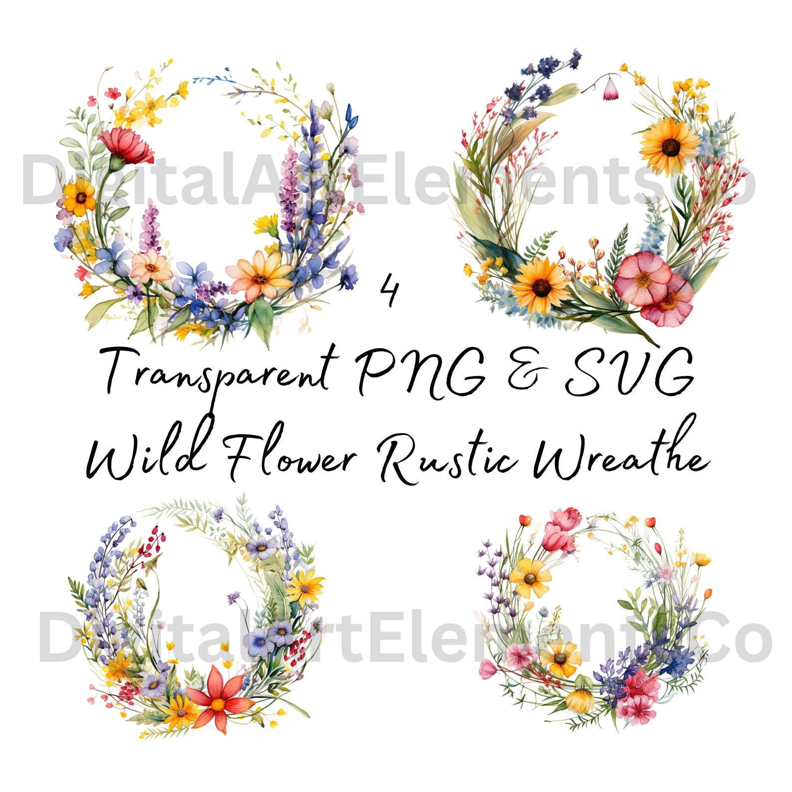4 Aquarell Blumen Kranz PNG, SVG Wilde Blume Rustikaler Kranz Clip Art ...