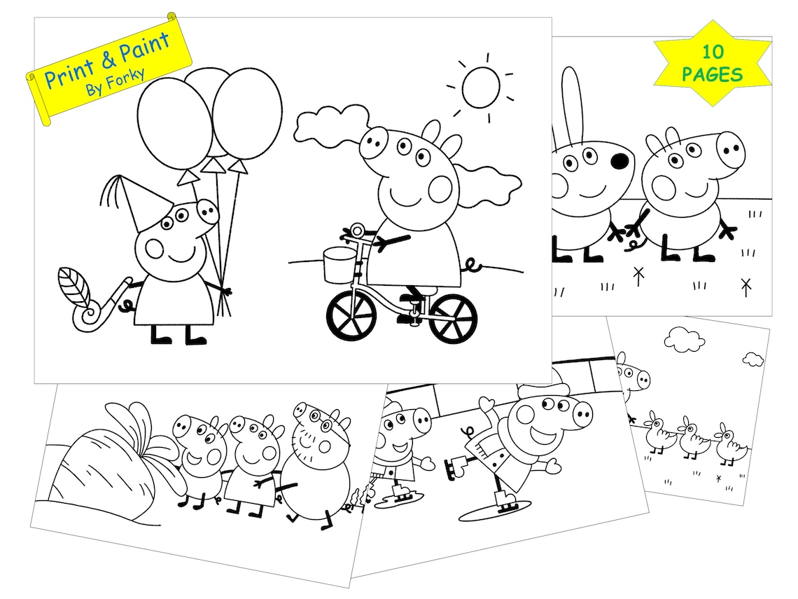 10 Pages Peppa Pig Printable Colouring Pages, Digital Coloring ...