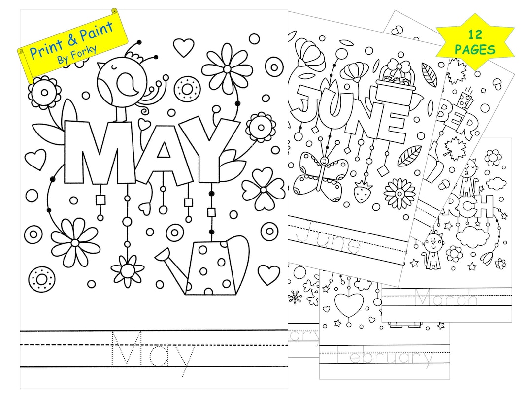 12 Pages Printable 12 Months Colouring Pages, Digital Coloring ...